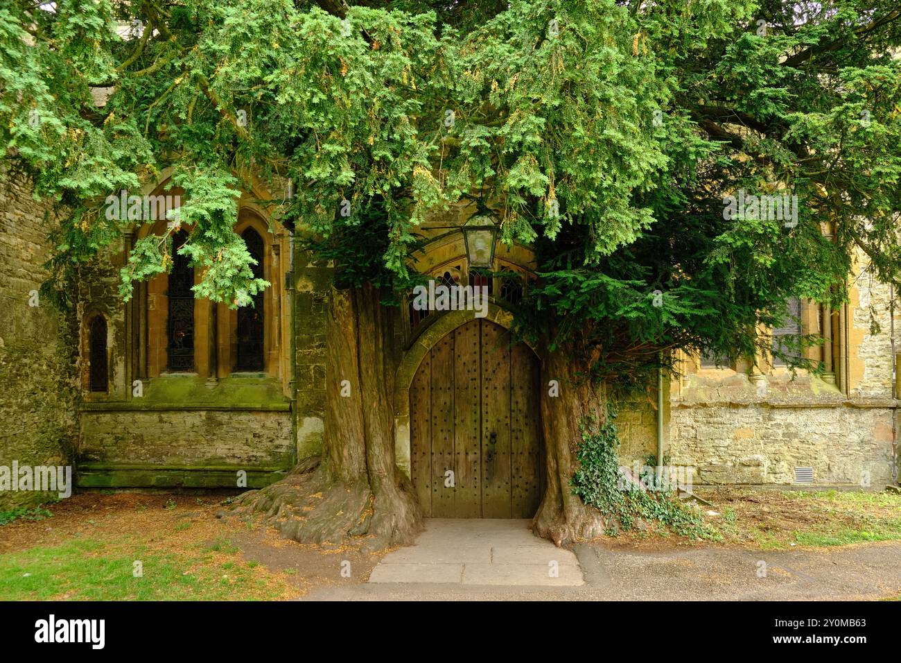 The Tolkien door at St Edwards Church flanked by two ancient yew trees ...