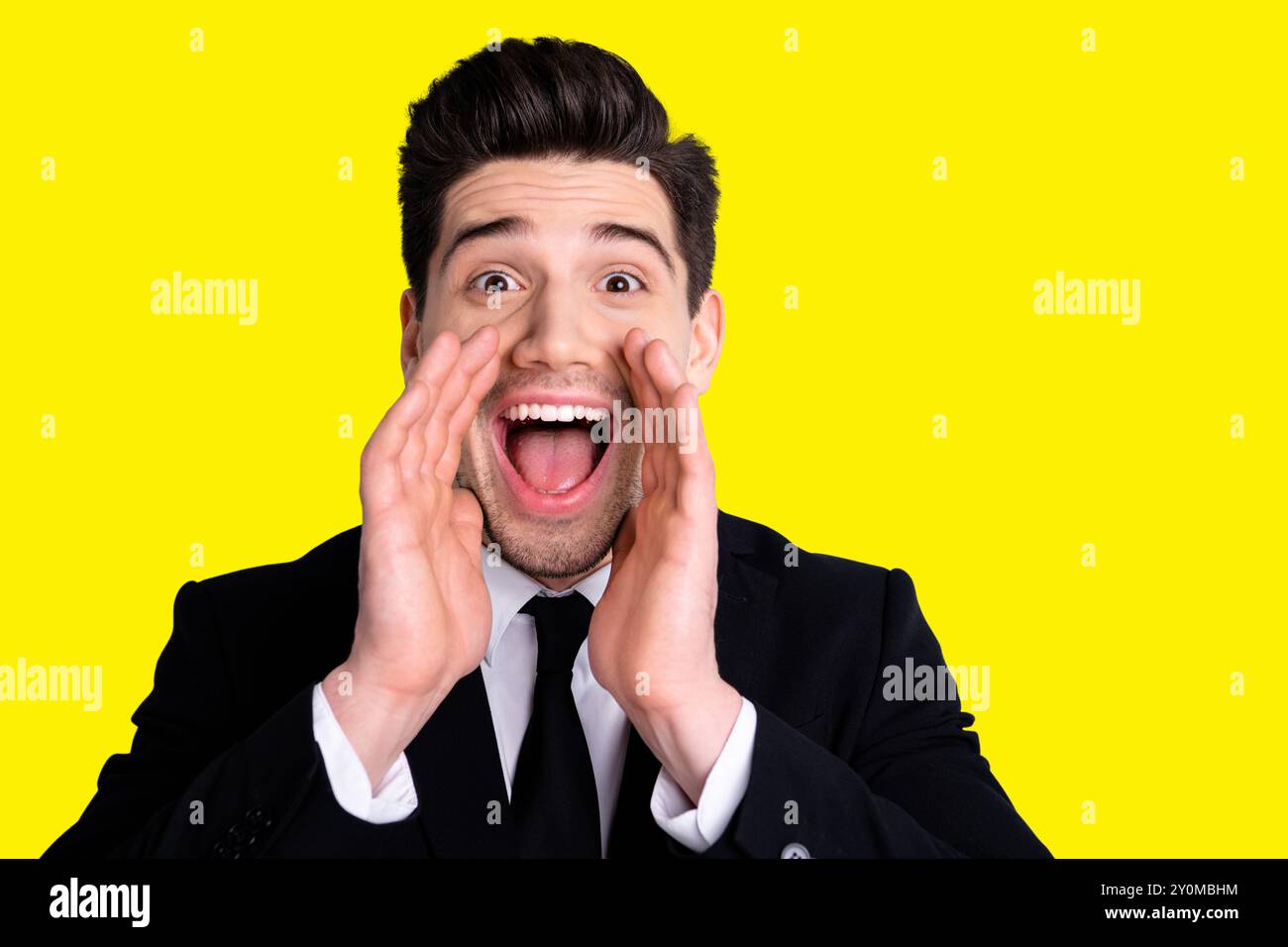 Close up photo funny fun funky colleague office worker heard ...