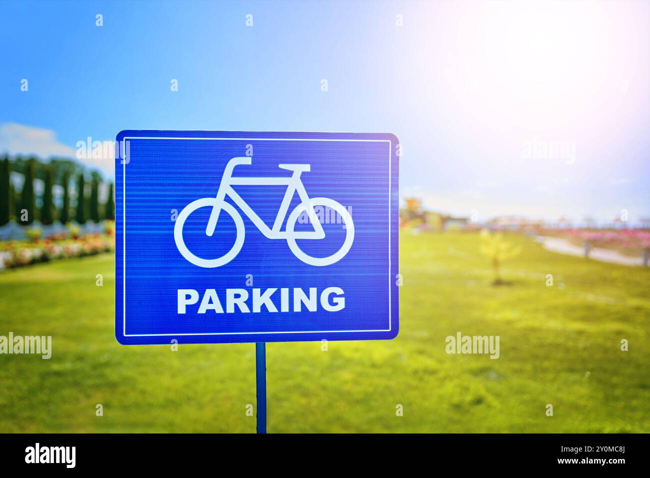 Sky blue rectangle traffic sign with bicycle wheel symbol and parking ...