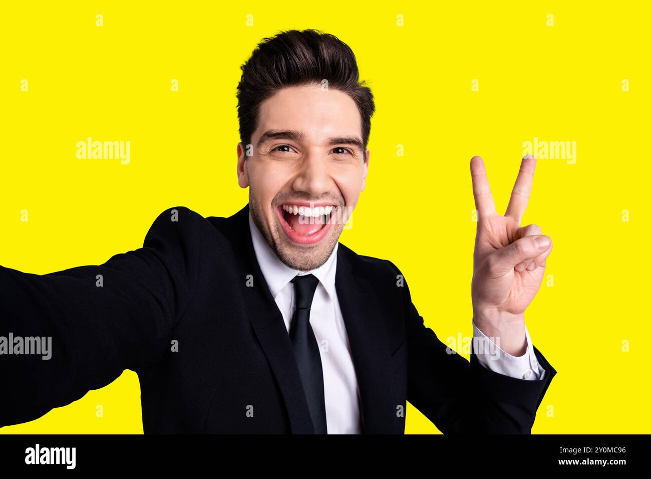 Close up photo amazing funky he him his model macho handsome make take ...