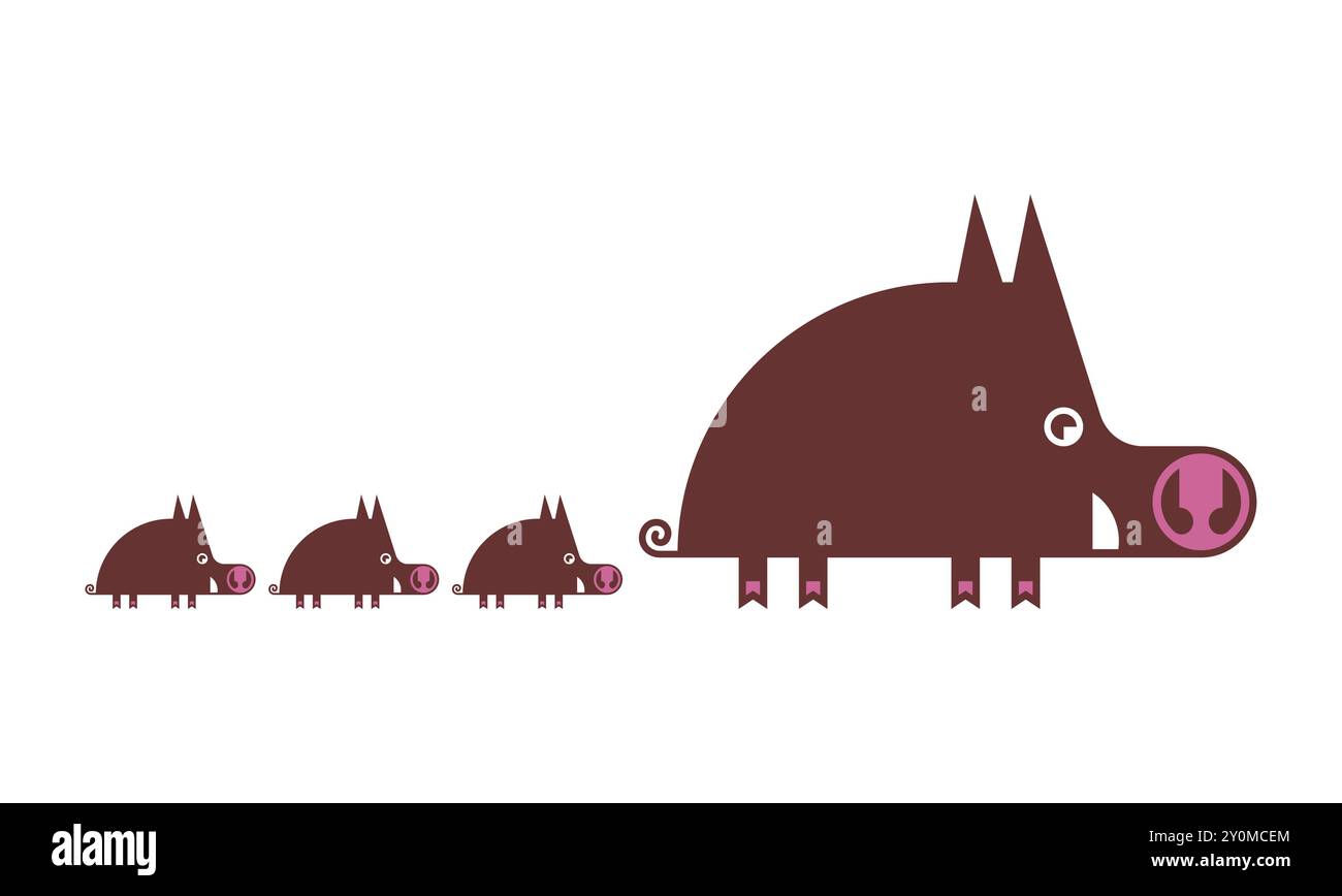 Boar and piglets cartoon style. Cute hog and offspring isolated. Wild ...