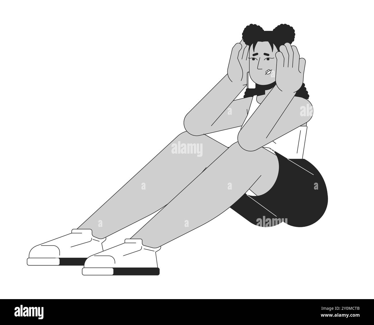 Exhausted worried latina woman holding head black and white 2D line ...