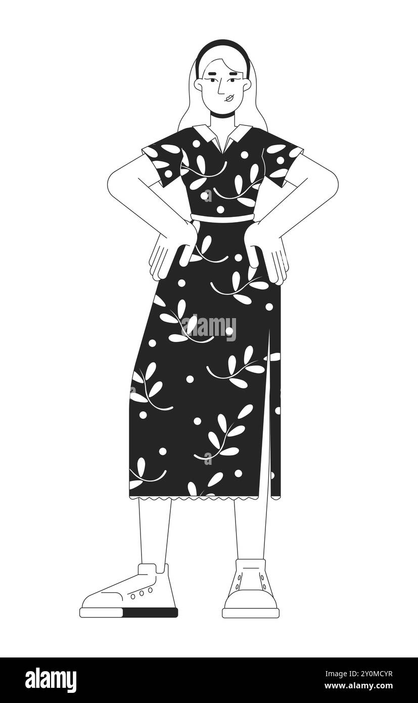 Blonde woman standing with hands on hips black and white 2D line cartoon character Stock Vector ...