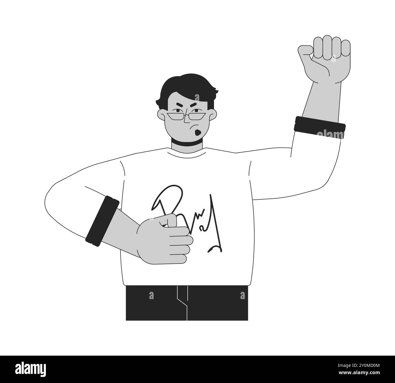 Fist raised middle eastern male activist black and white 2D line ...