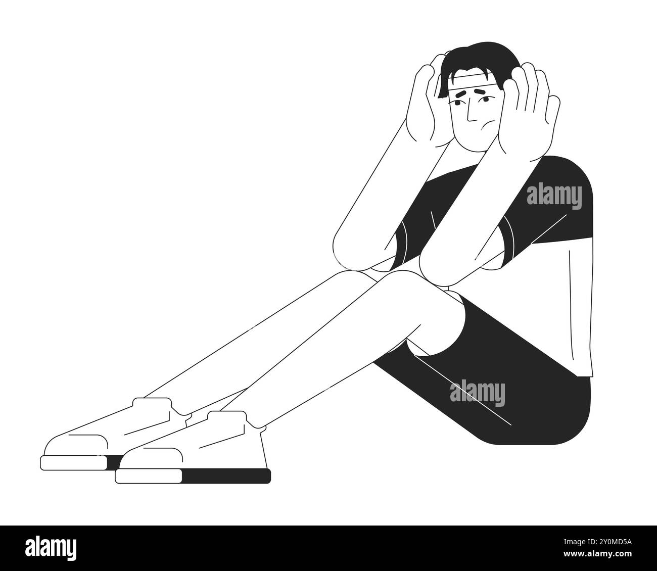 Tensed asian young man with panic attack black and white 2D line ...