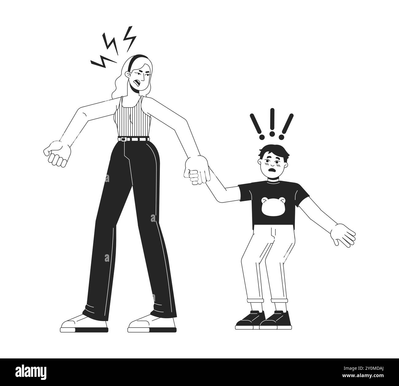 Yelling mother with scared boy black and white 2D line cartoon ...