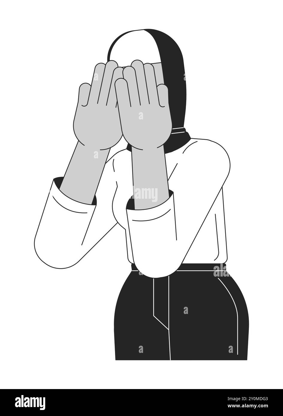 Muslim hijab woman covering eyes with palms black and white 2D line ...