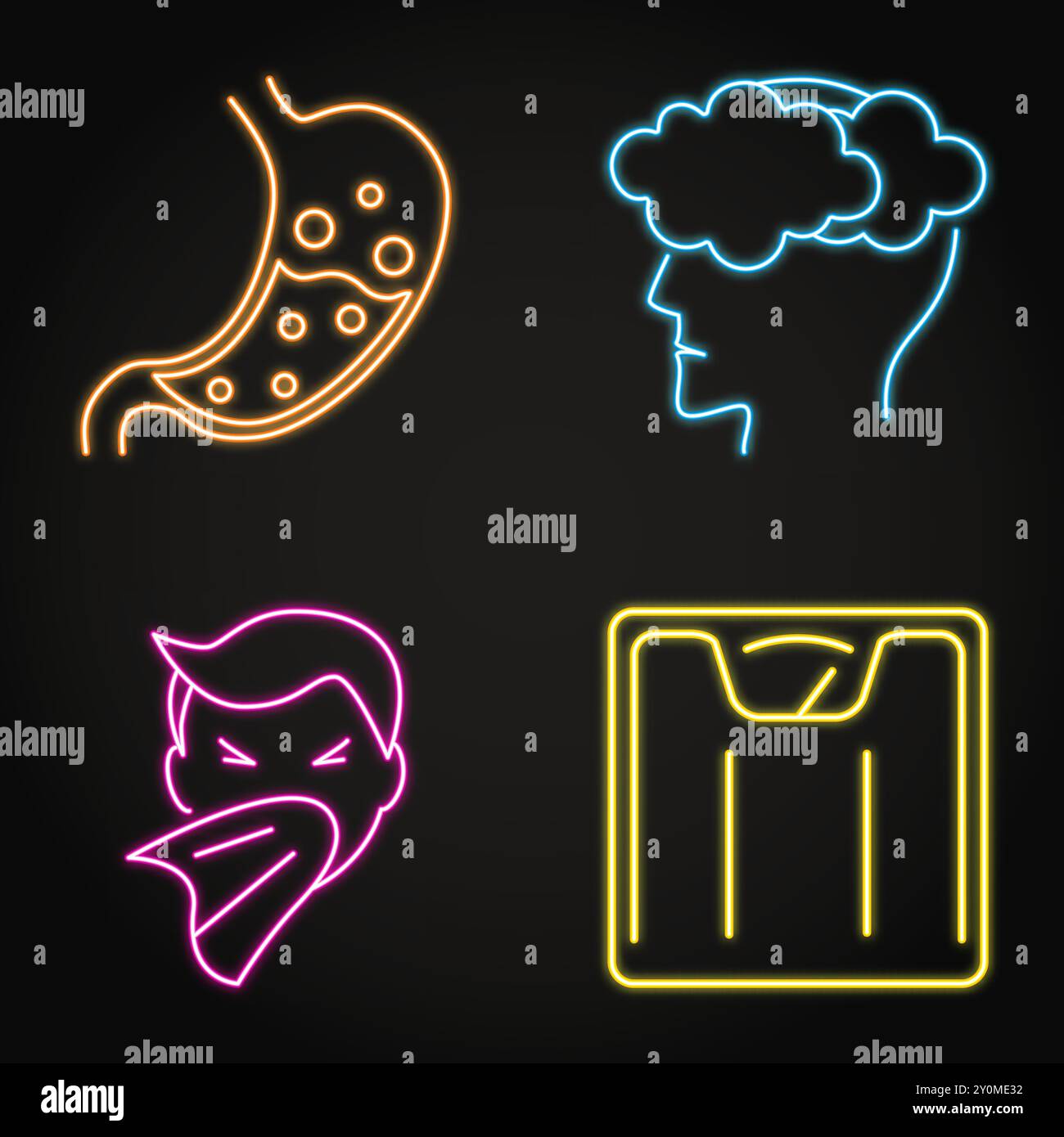 Unhealthy gut symptoms neon icon set. Bloating, brain fog, weight gain ...