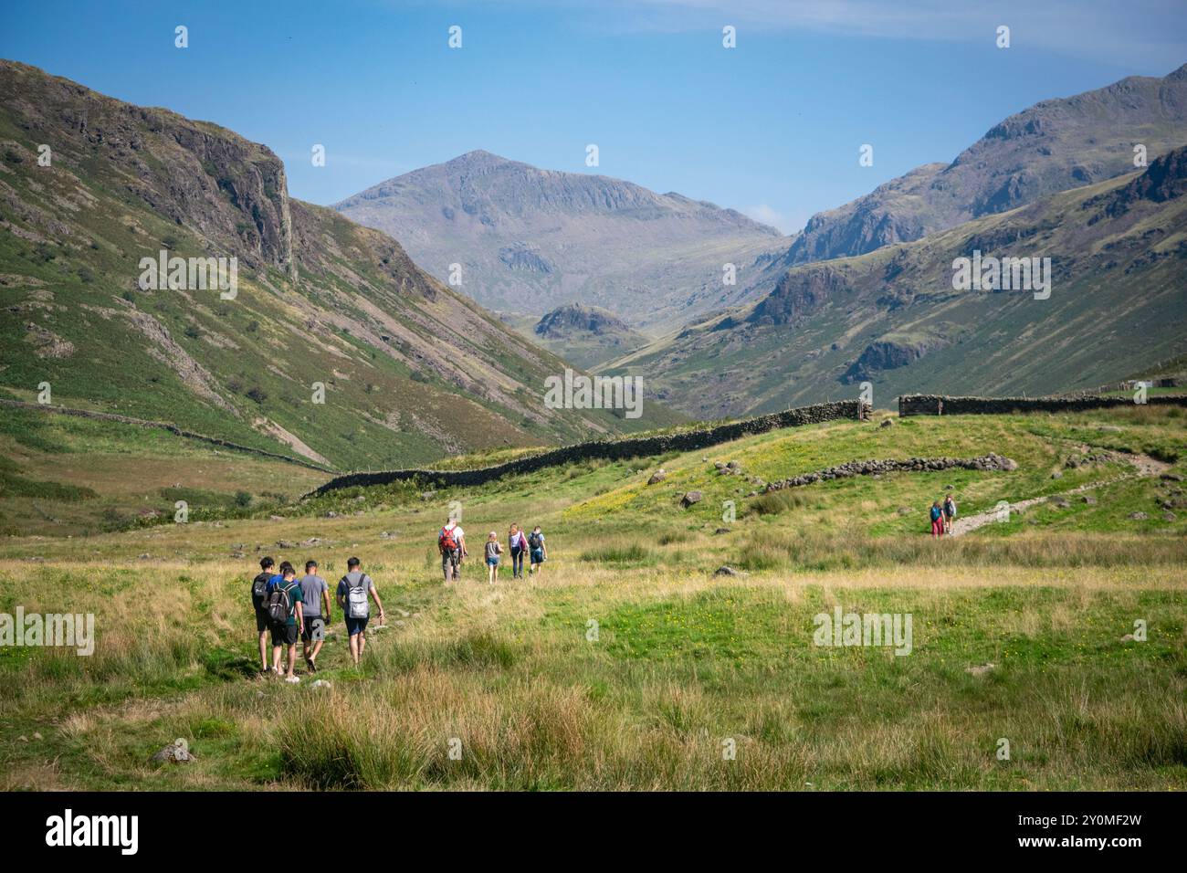 People walking along the Esk Valley on a hot summer day towards Tongue ...