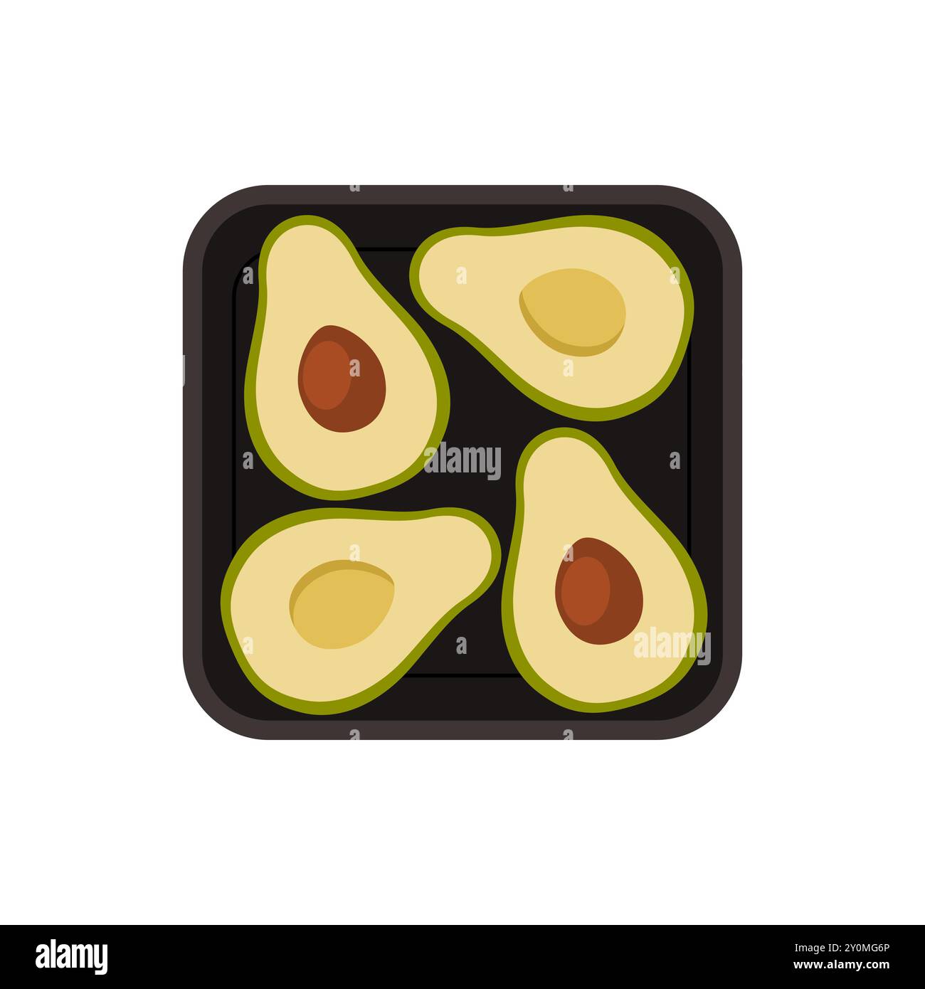 Avocado cut in half with pit in square supermarket plastic tray, top ...