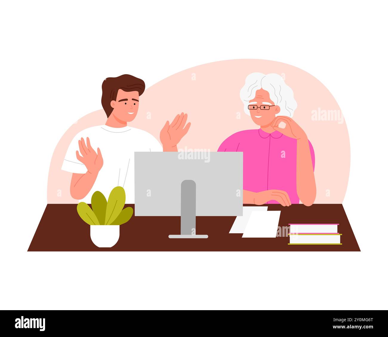 Young man helping elderly woman use computer, grandson teaching grandma ...