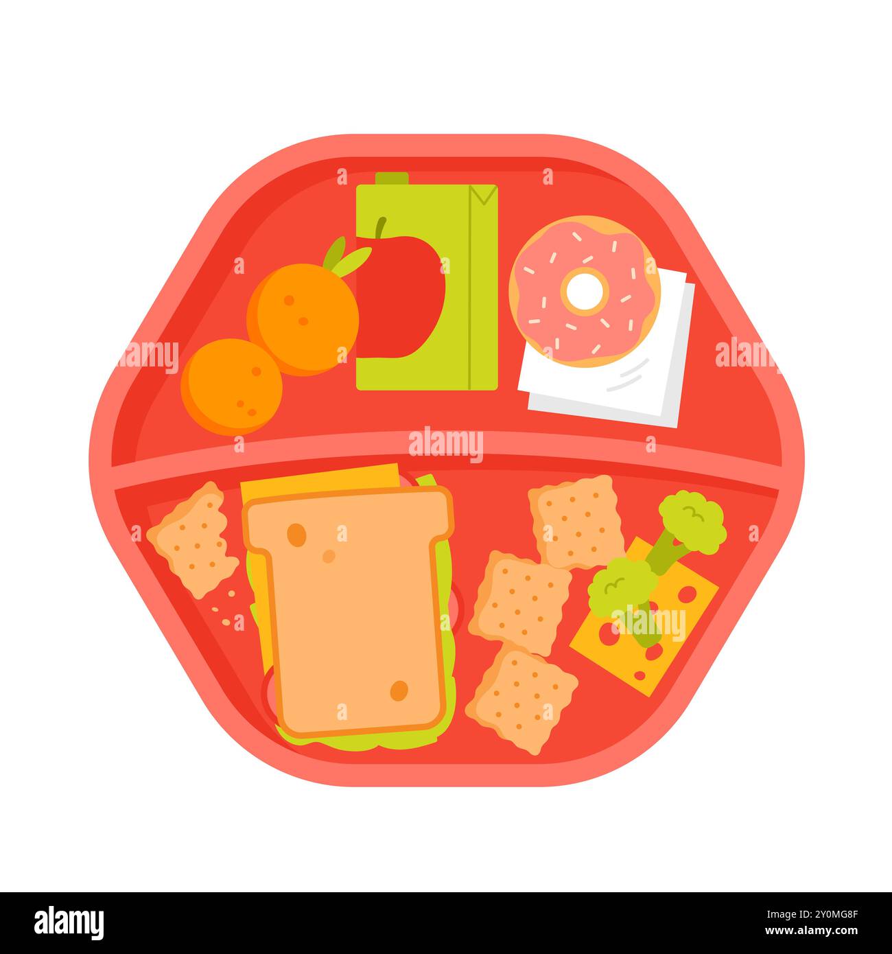 Red plastic tray with food and hexagon shape, top view of lunch platter ...
