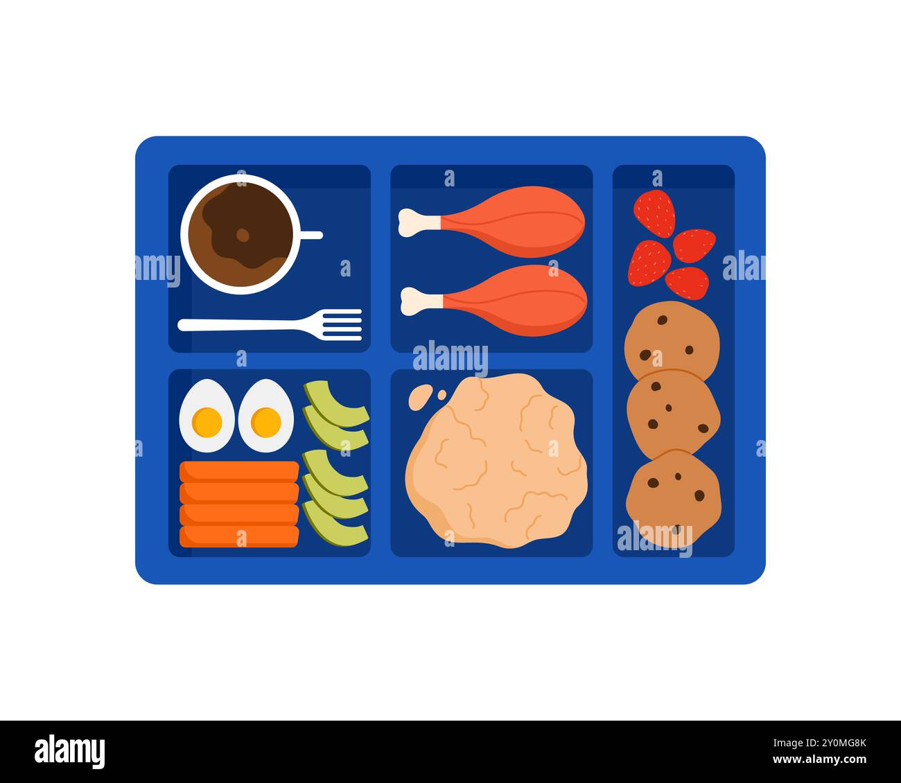 Blue plastic tray with food and coffee, top view of lunch or breakfast ...