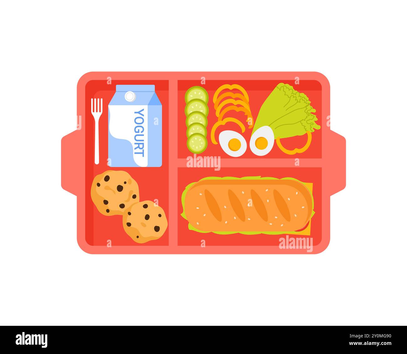 Red plastic tray with sandwich, cookie and yogurt, top view of lunch ...