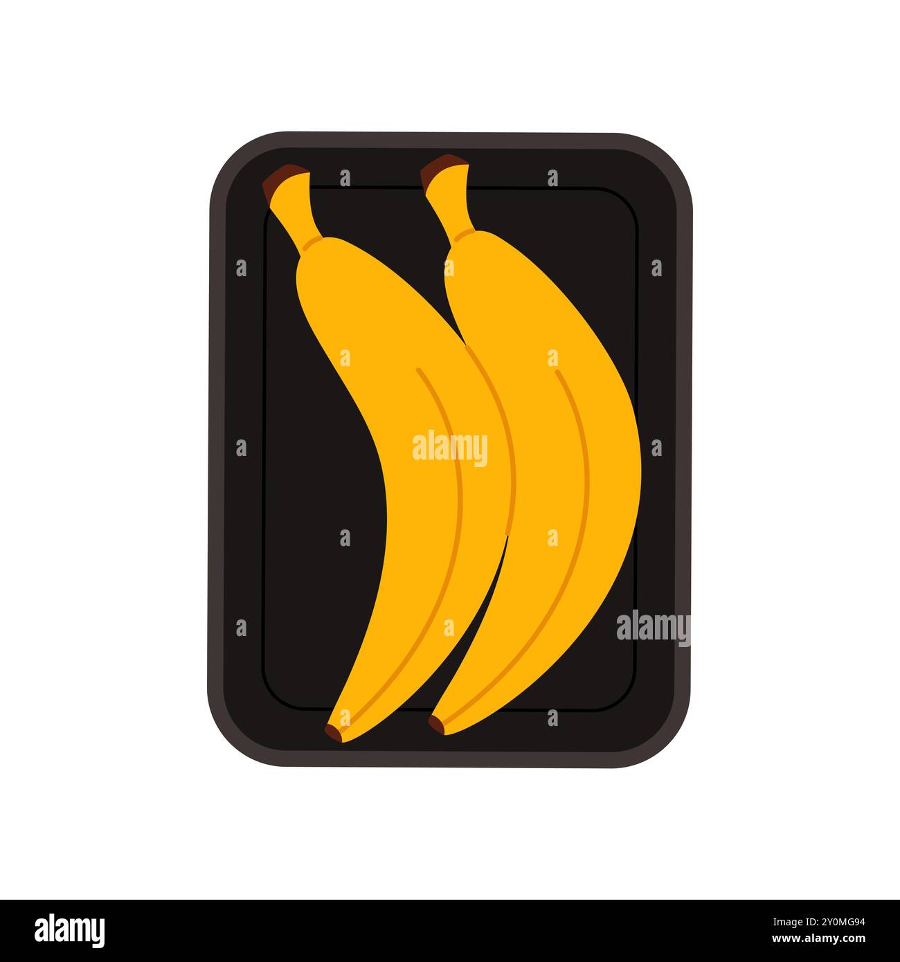 Two ripe yellow bananas in rectangular plastic supermarket tray, top ...