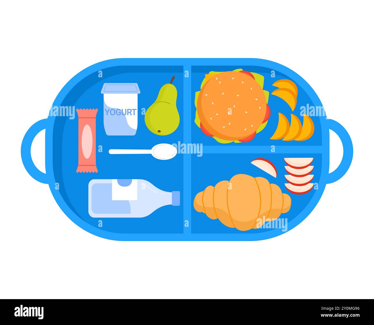 Blue plastic tray with handles and lunch food, top view of canteen ...