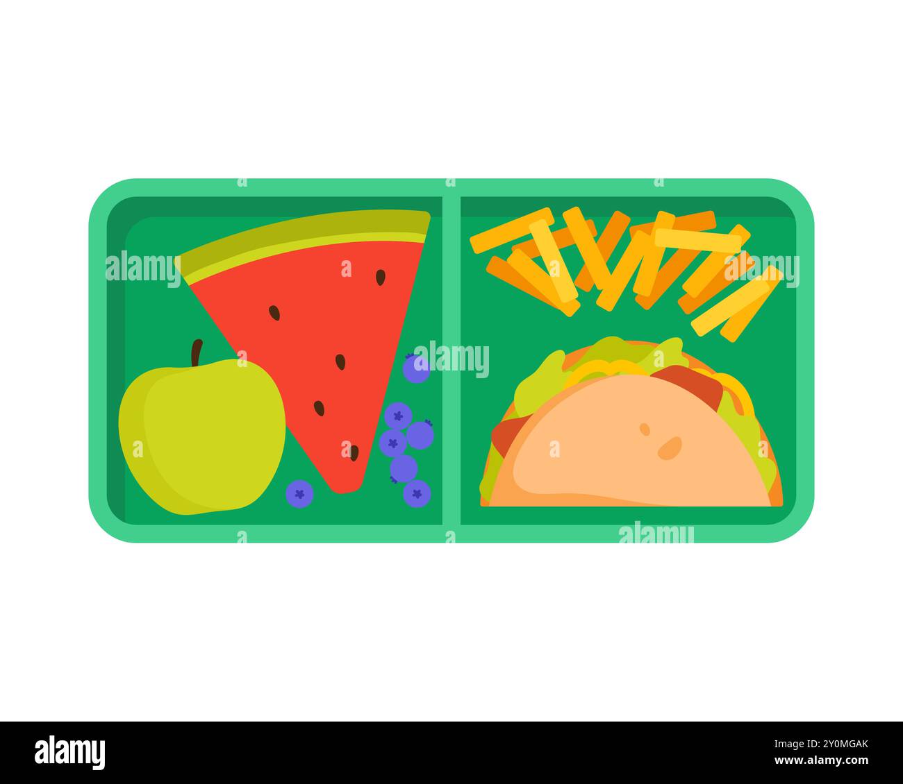 Green plastic tray with lunch food in compartments, top view of canteen ...