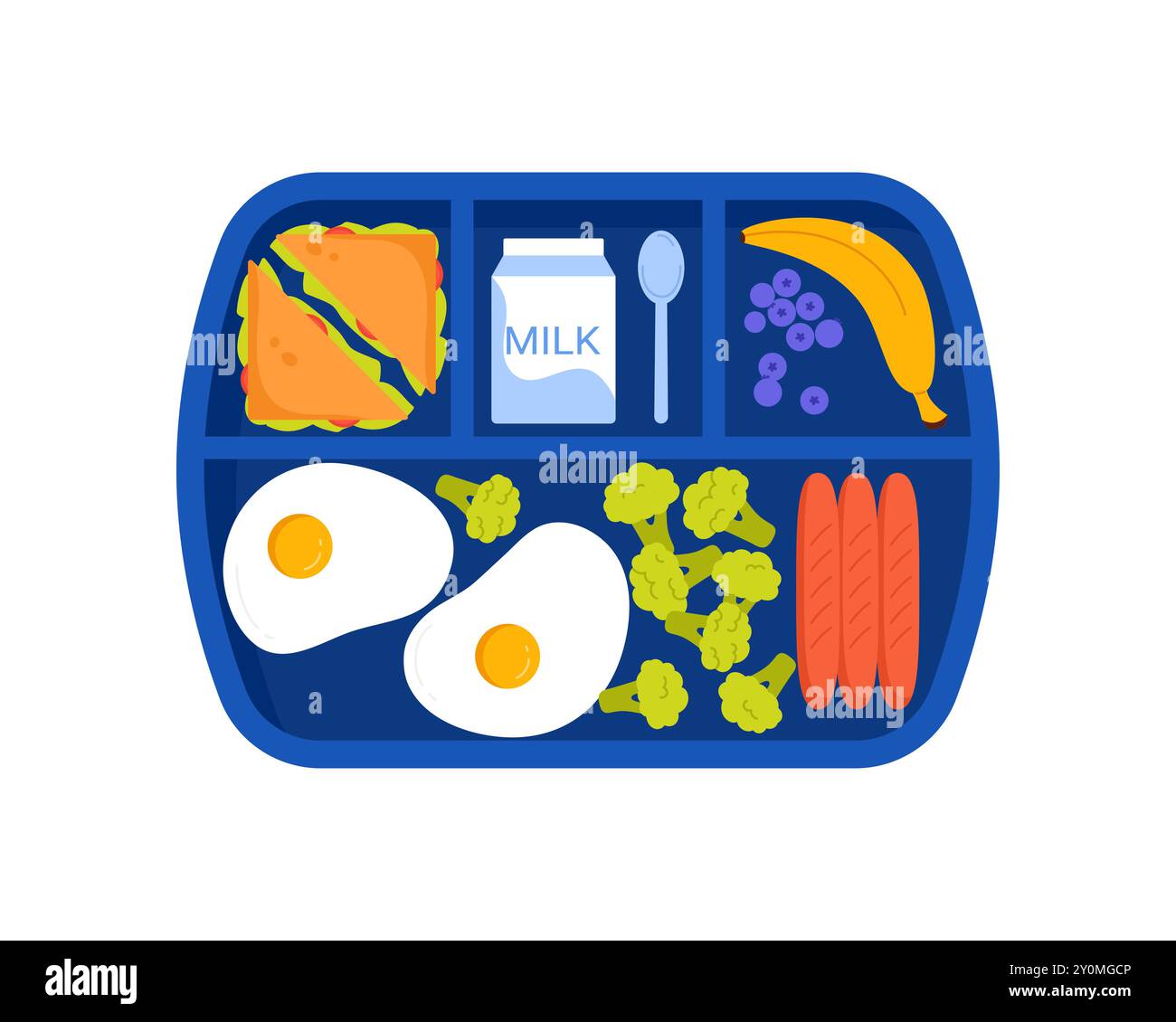 Blue plastic tray with food, top view of breakfast or lunch in ...