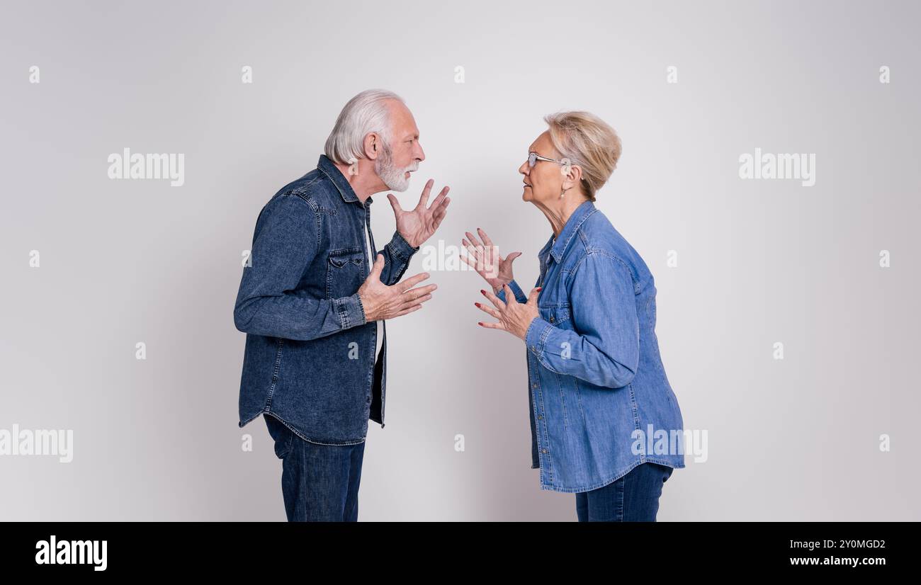 Side view of frustrated senior couple gesturing and arguing with each ...