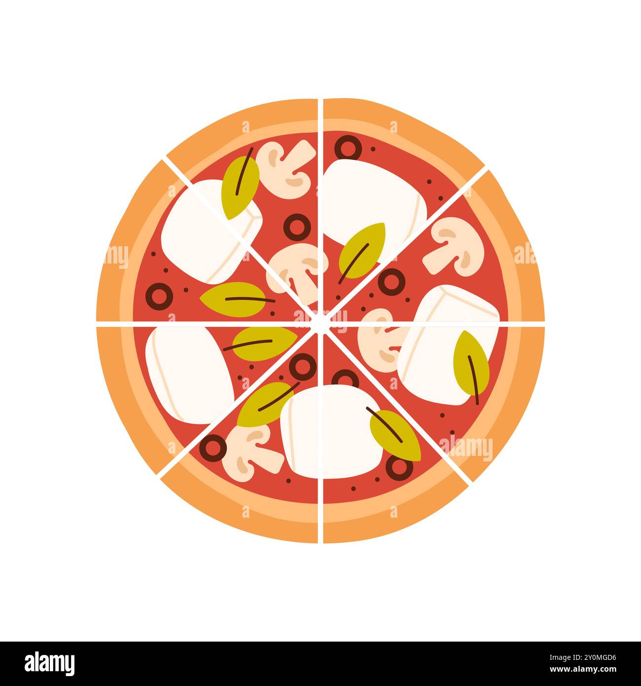 Round pizza with tomato sauce, mozzarella and mushrooms cut into ...