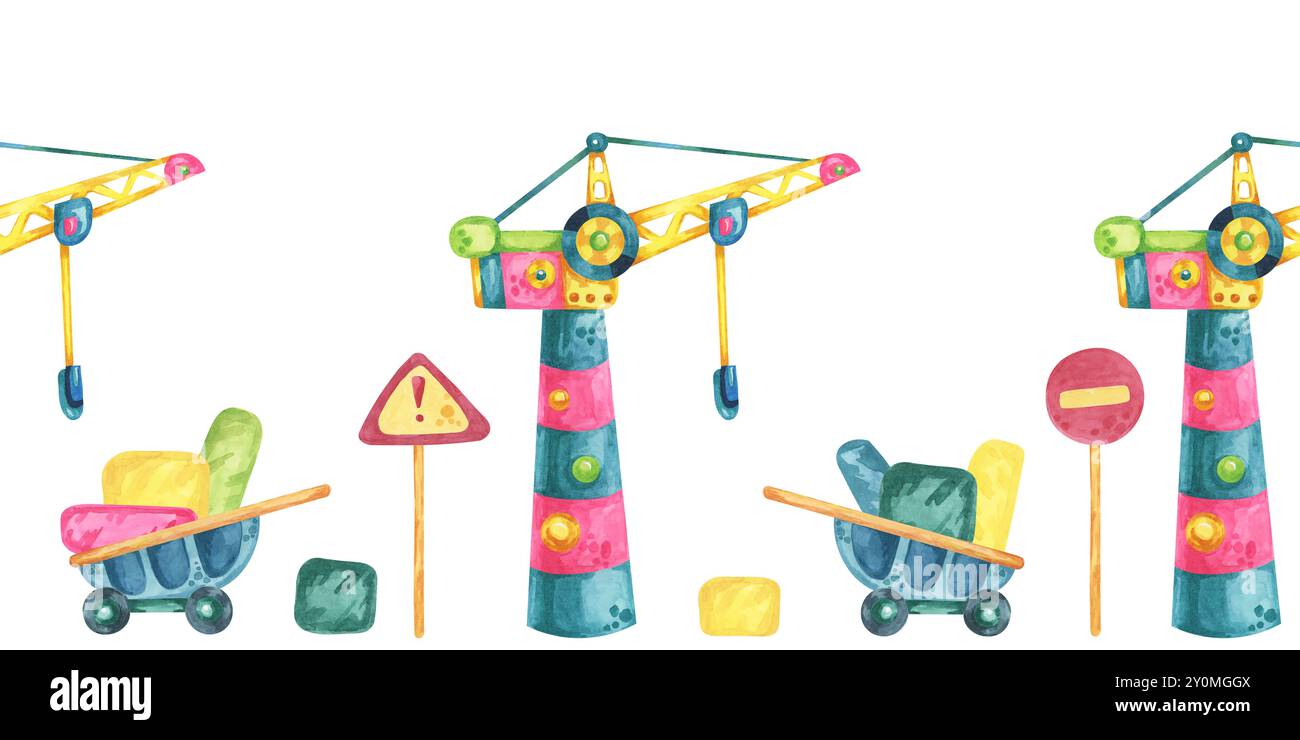 Tower crane, warning signs, wheelbarrow and building blocks in ...