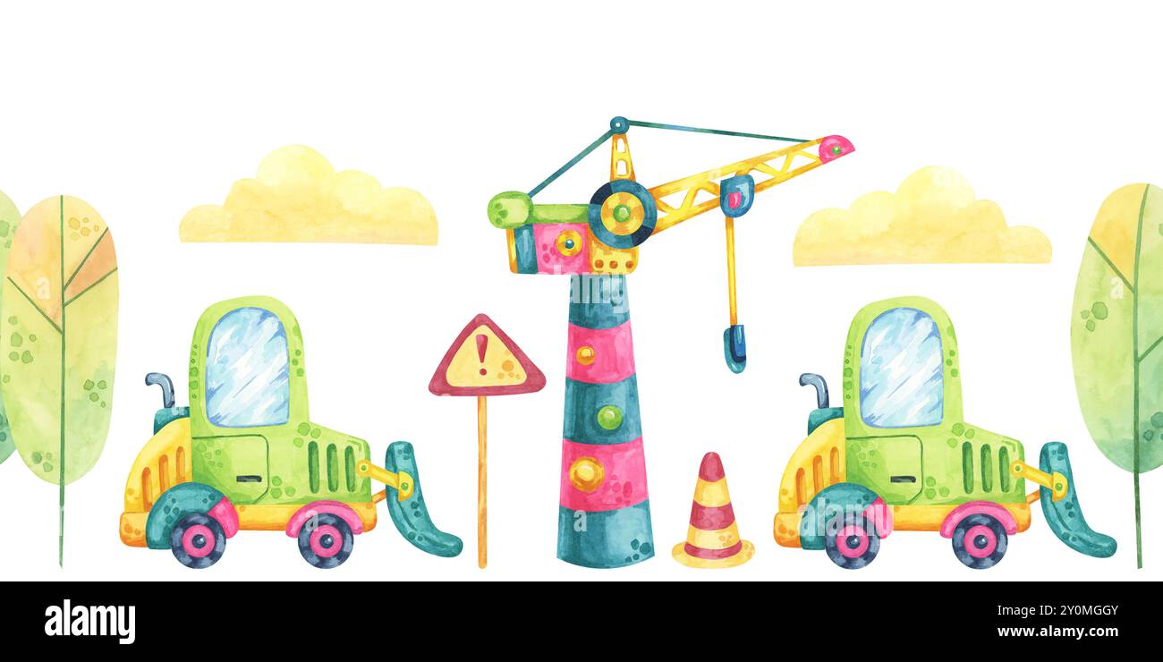 Tower crane, excavator, no entry signs, trees and clouds in watercolor ...