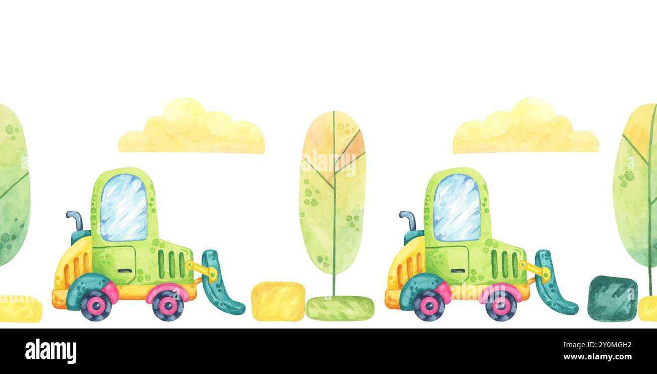 Excavator, building blocks, trees and clouds in watercolor ...