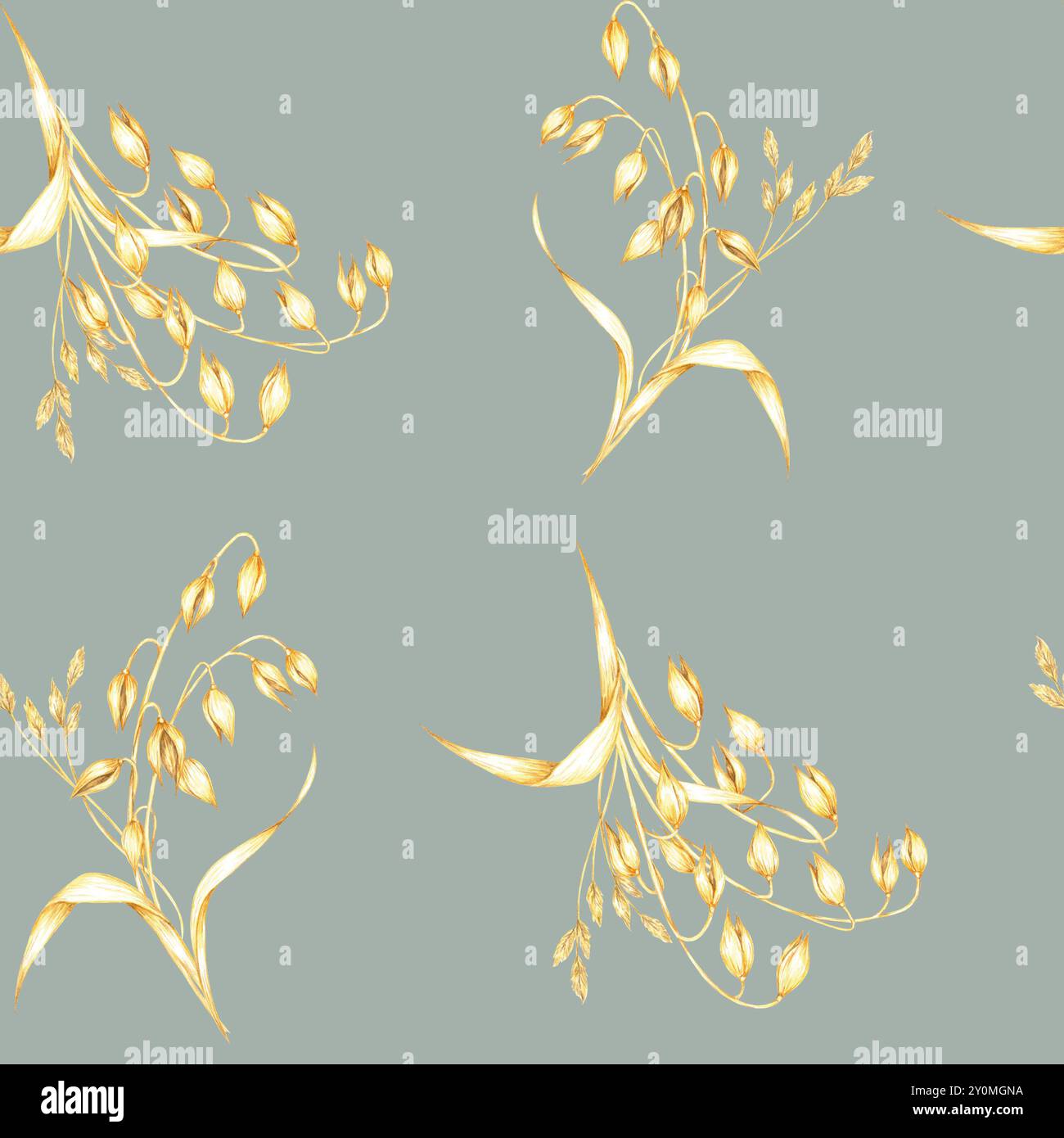 Oats stalks seamless pattern on muted green background. Golden oats ...