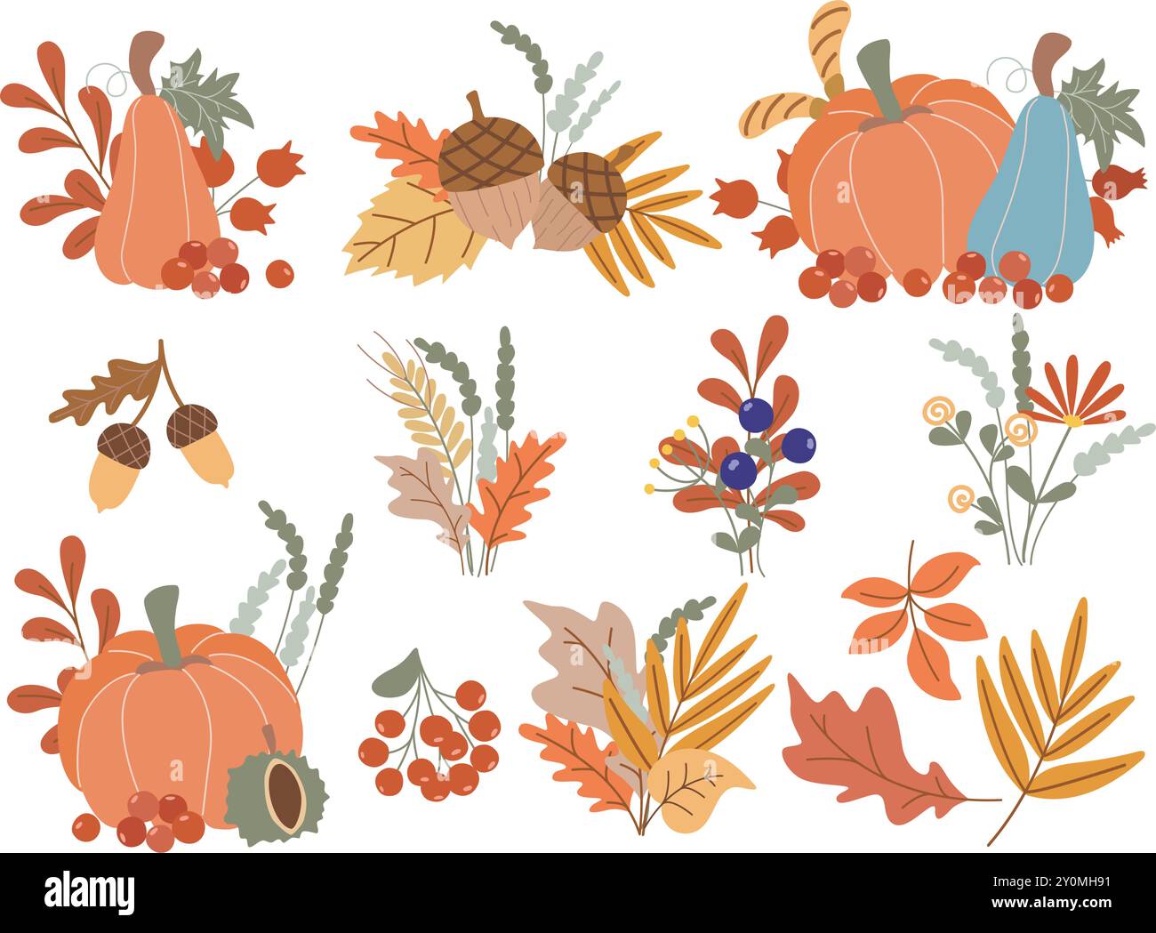 Set of autumn compositions with pumpkin, acorns, rowan berries, leaves ...