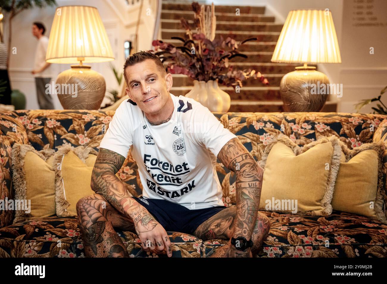 Assistant coach Daniel Agger talks to the media at Marienlyst Strandhotel in Helsingoer, Tuesday ...