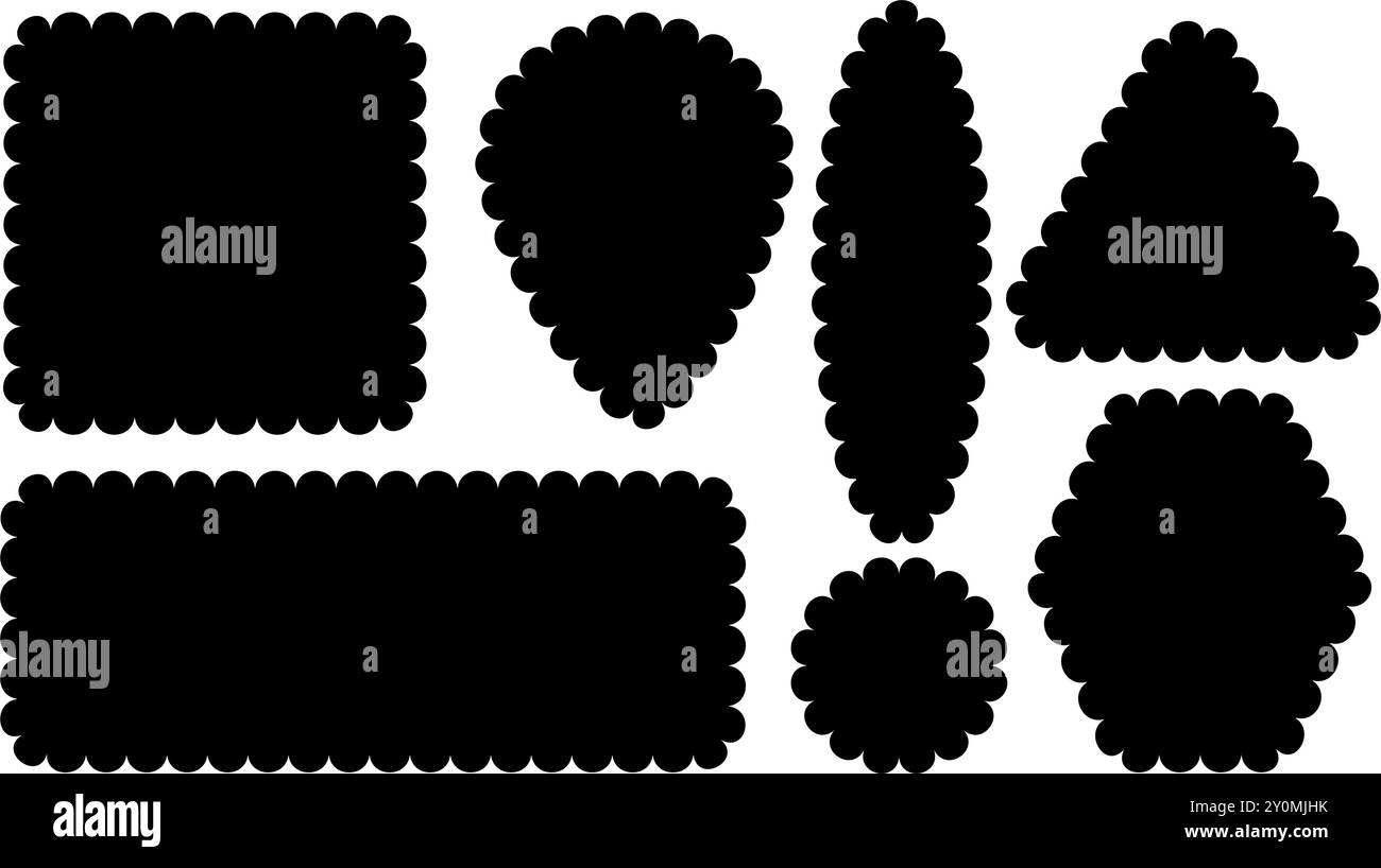 Set of scallop edge frames black shapes isolated on white background. Zigzag wavy forms Square ...