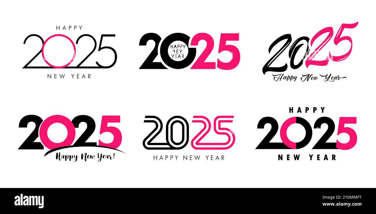 Big set of 2025 pink logo Happy New Year text design. Creative numbers ...
