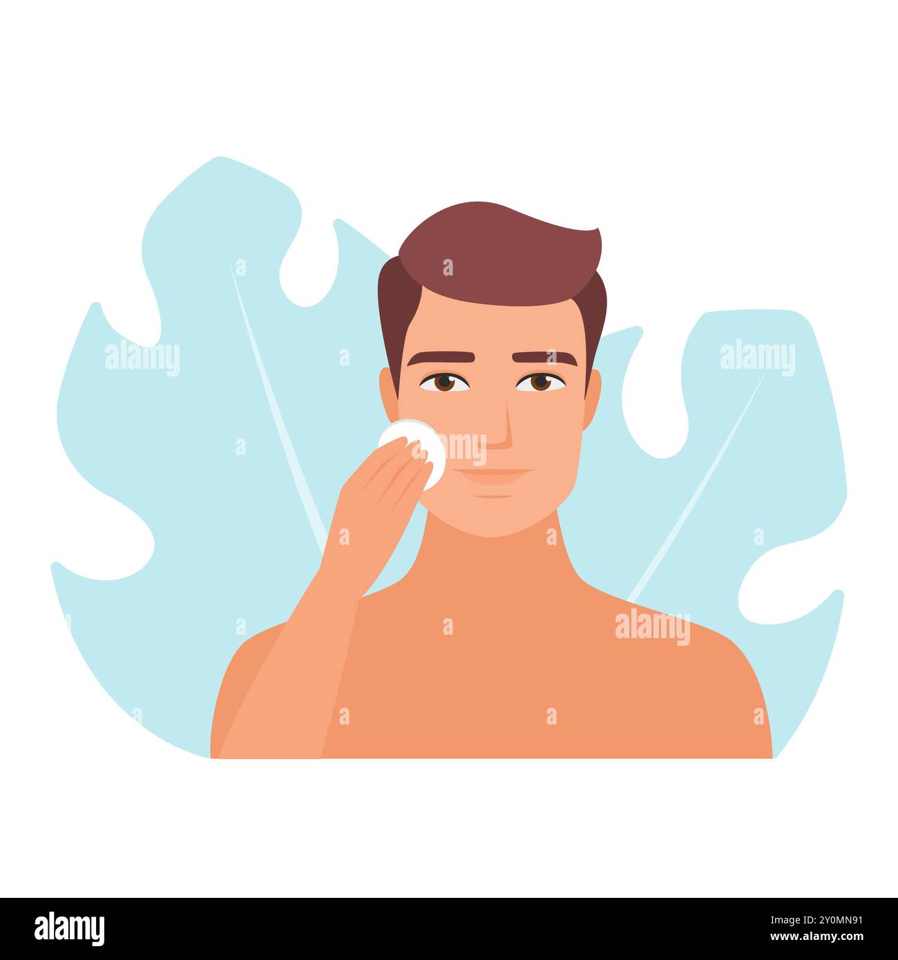 Detailed vector illustration of a man cleansing his face with a cotton ...