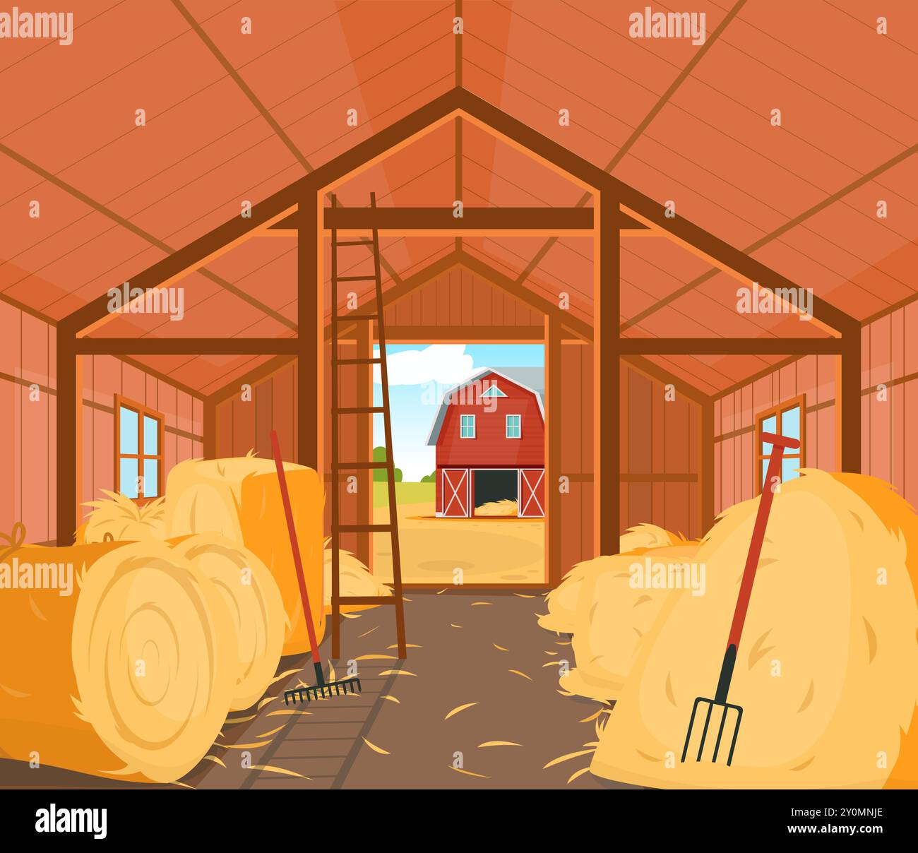 Interior barn with haystacks. Livestock feed storage. Wooden village ...
