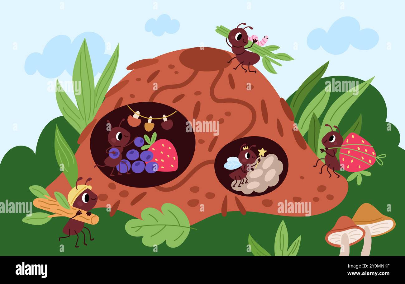 Cute anthill. Funny ants doing business. Hardworking insects. Cartoon ...