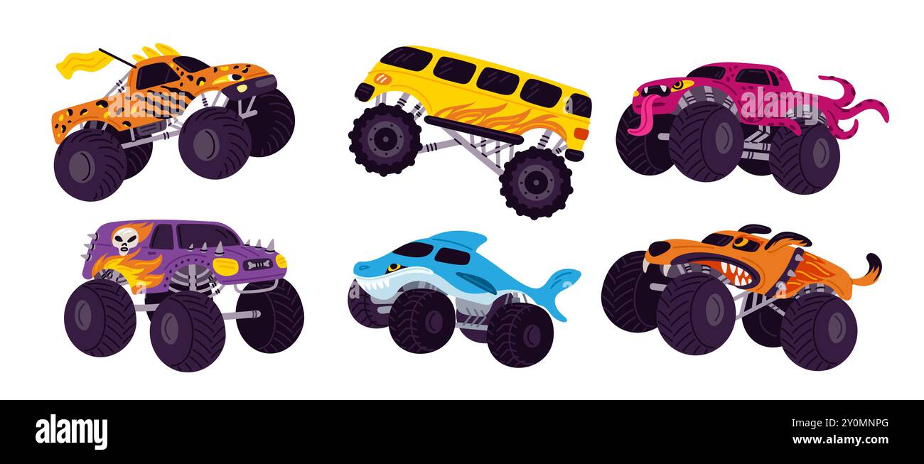 Cartoon monster trucks. Kids car toys. Auto jeeps of aggressive colors ...