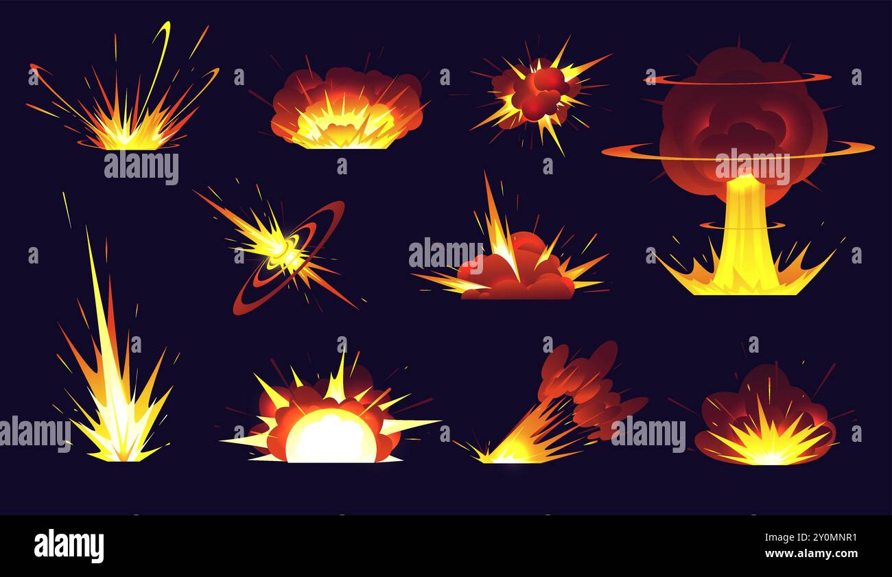 Cartoon bomb explosions. Fiery boom effect. Smoke clouds. Explosive ...