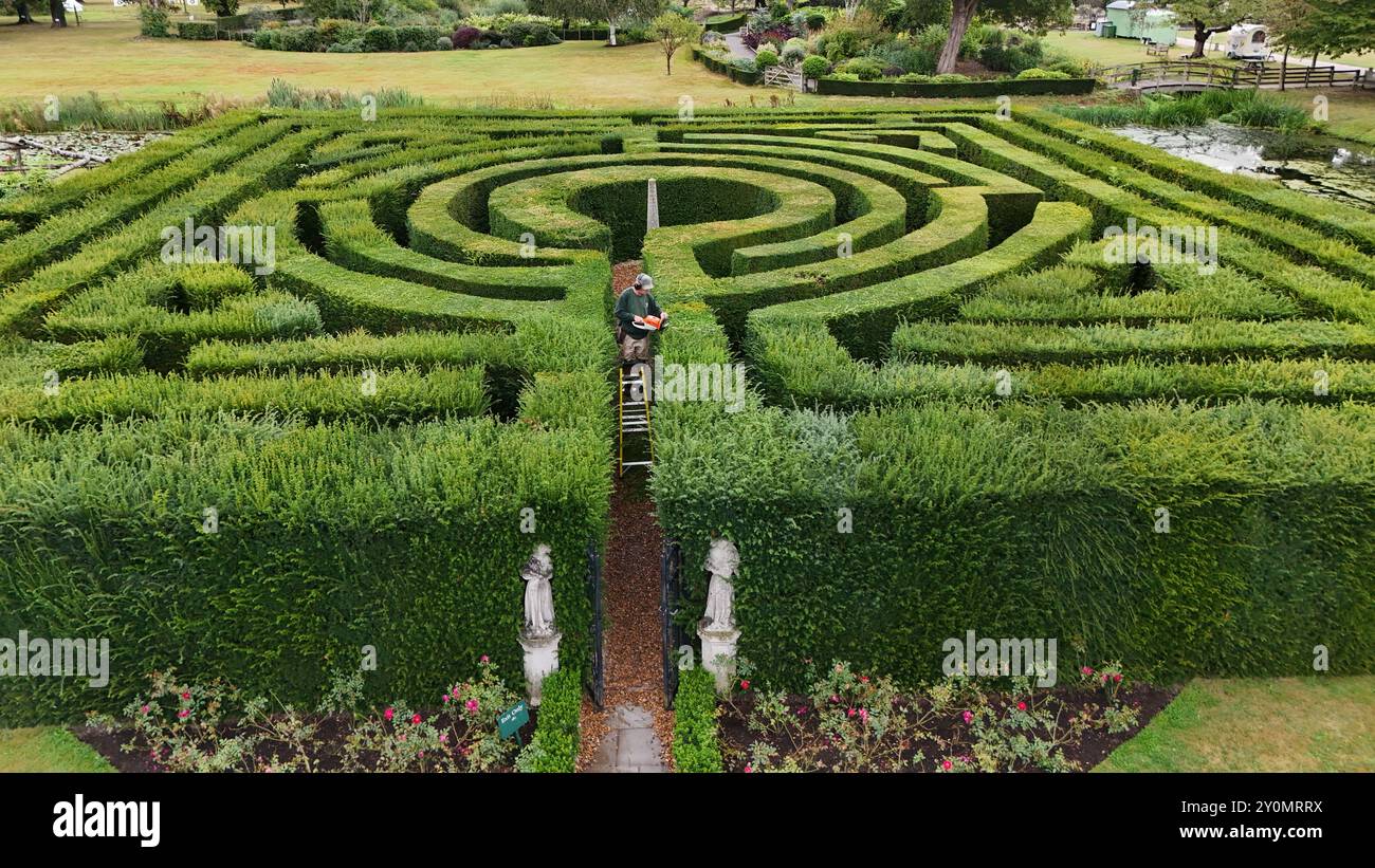 A gardener at Hever Castle tends to the bushes of the historic 120-year ...