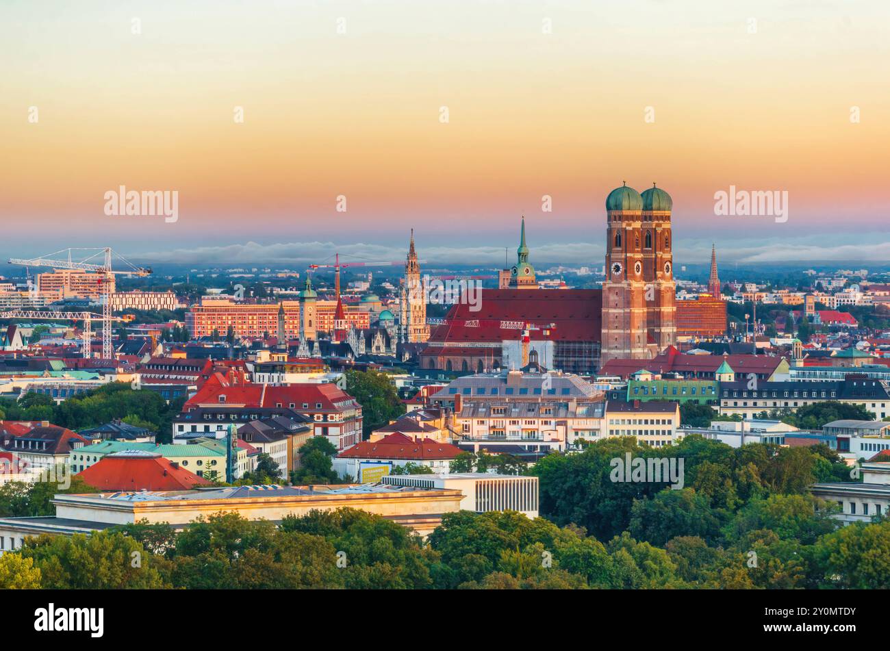 Panoramic View of Munich Skyline with Iconic Frauenkirche at dawn ...