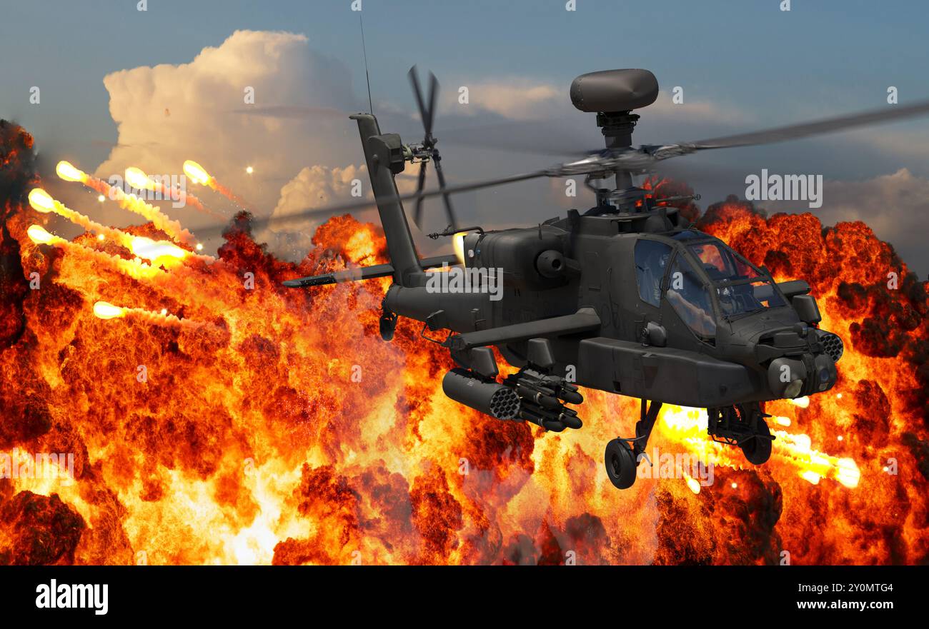 Boeing AH-64E Guardian attack helicopter during a combat mission Stock ...