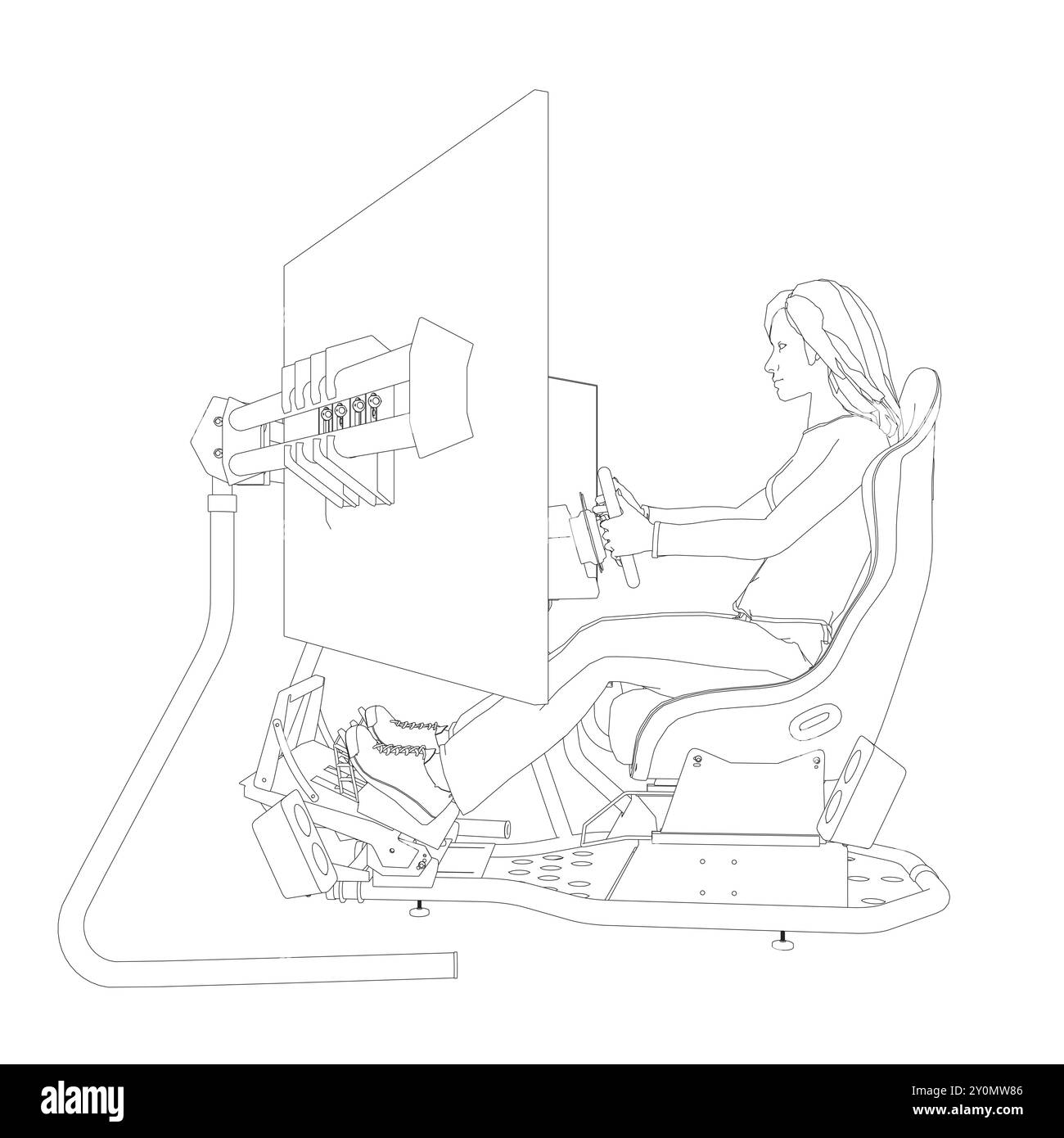 Outline of a girl sitting at a realistic gaming simulator with a ...