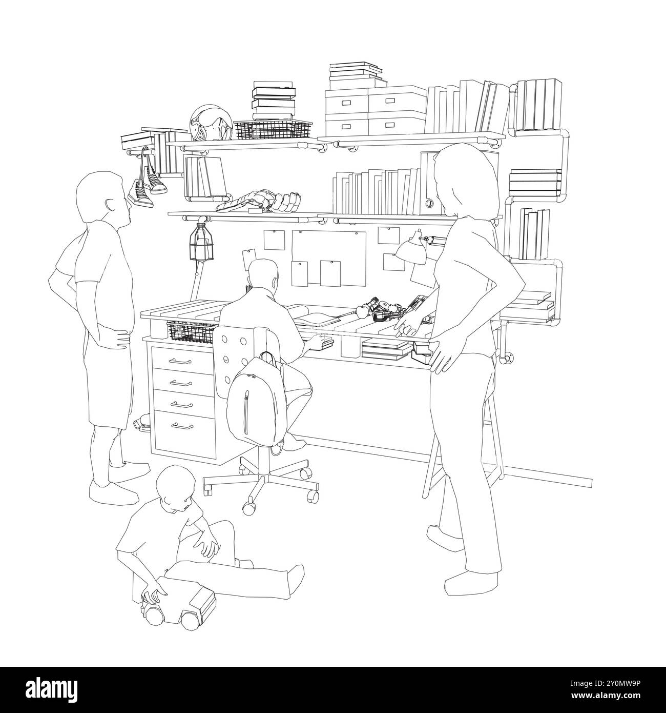 Outline of children room with table and many interior objects. Father ...