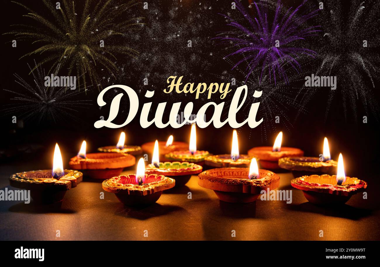 HAPPY Diwali Hindu festival of lights celebration. Diya oil lamp and ...