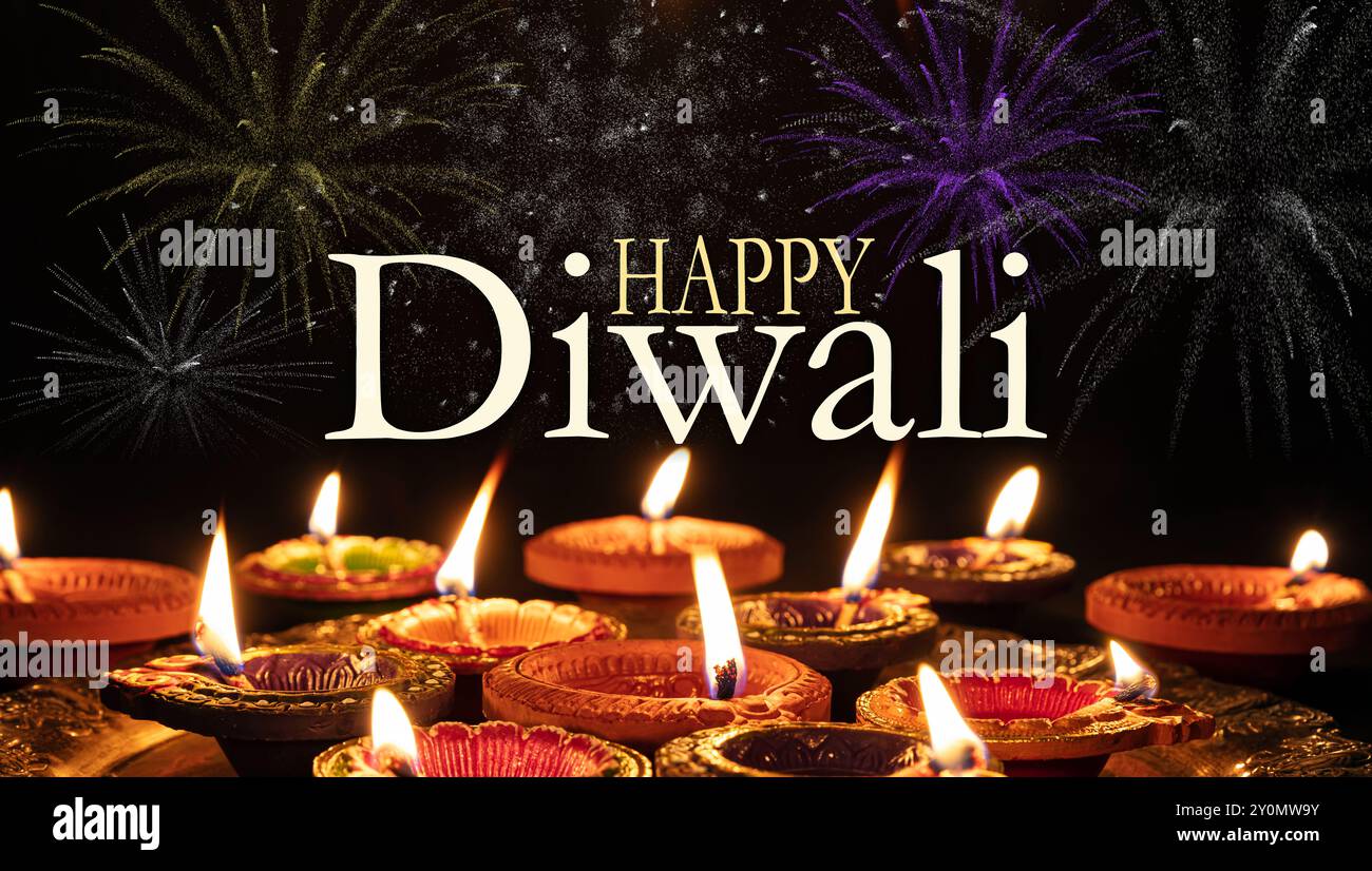 HAPPY Diwali Hindu festival of lights celebration. Diya oil lamp and ...