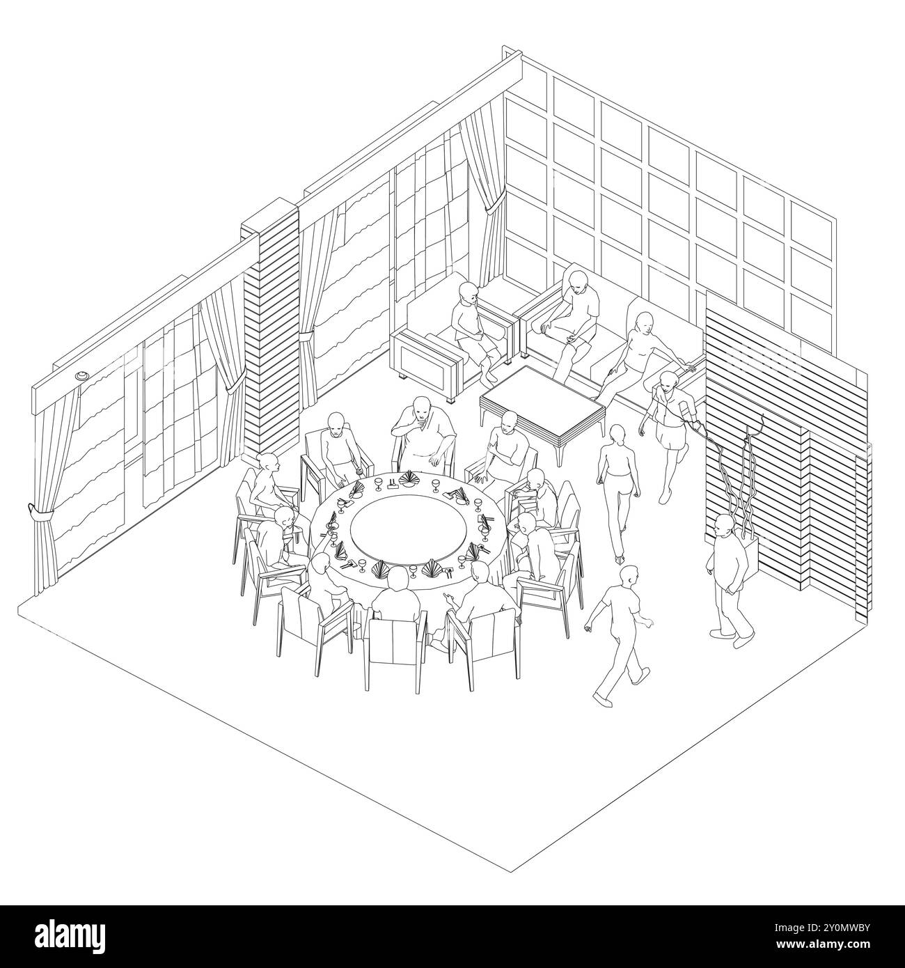 Outline of people sitting in restaurant on chairs and sofa from black ...