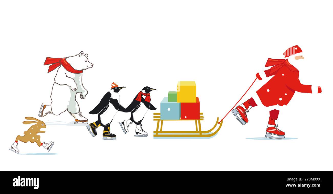 Santa Claus with sleigh while ice skating, illustration Stock Photo - Alamy