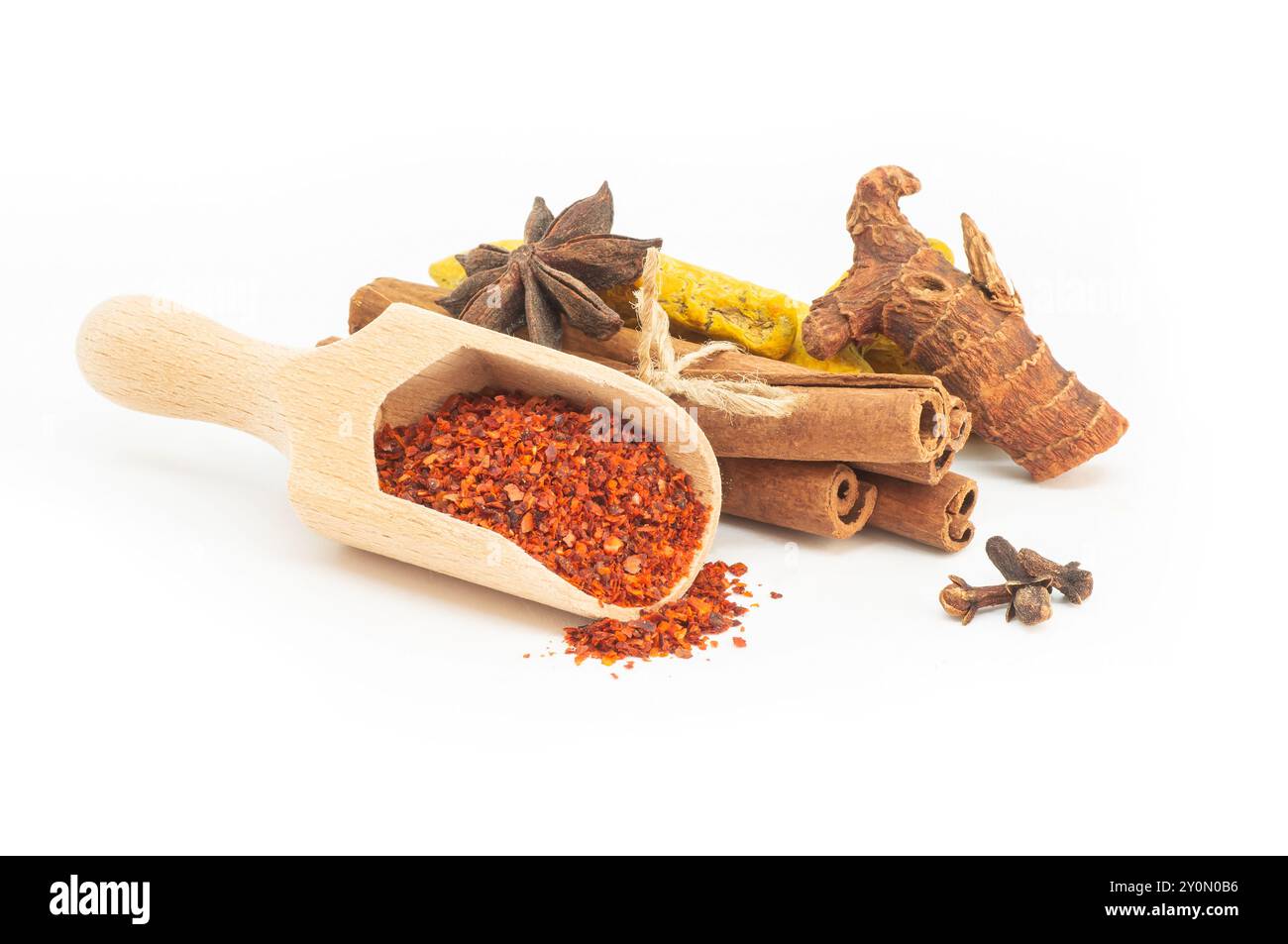 Various spices in spoon isolated on white background, cinnamon ...