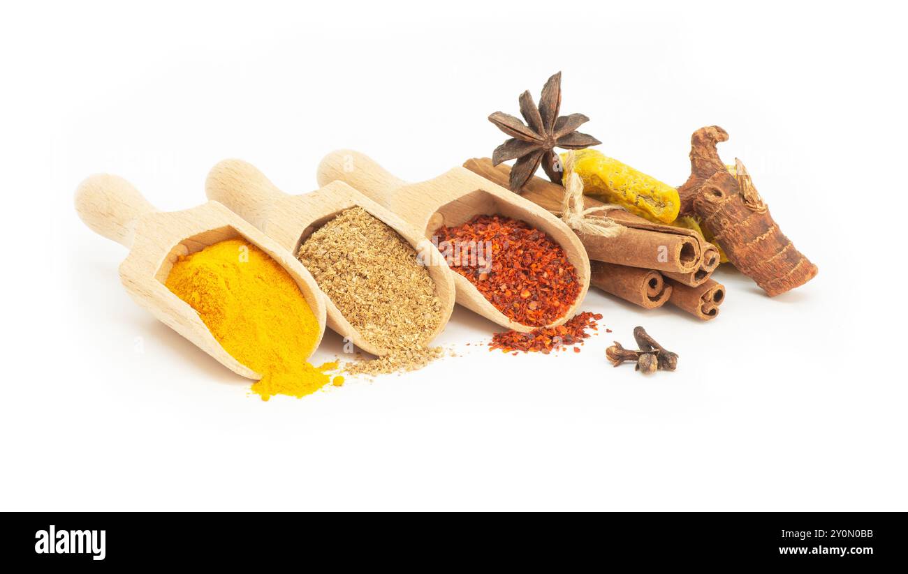 Various spices in spoon isolated on white background, cinnamon ...