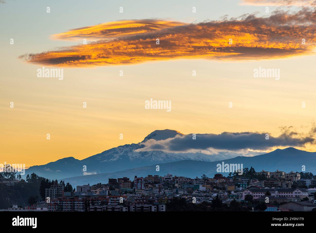 Cayambe volcano and Quito city at sunrise, Ecuador Stock Photo - Alamy