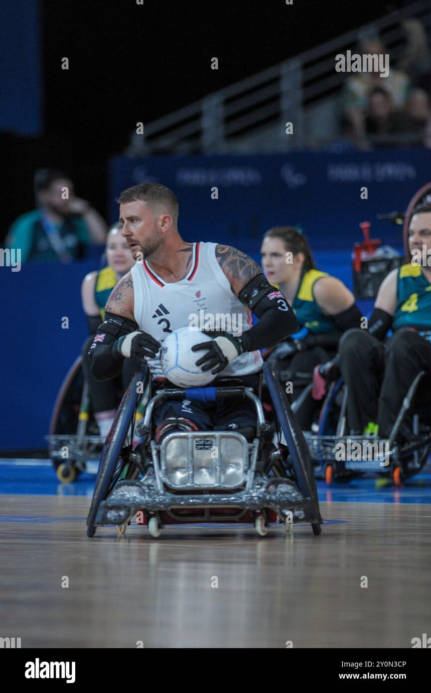 Stuart Robinson (GBR) competes in the Wheelchair Rugby Bronze Medal ...